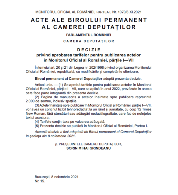 Tarife pentru publicarea unor acte în Monitorul Oficial al României - Monitorul Oficial al României